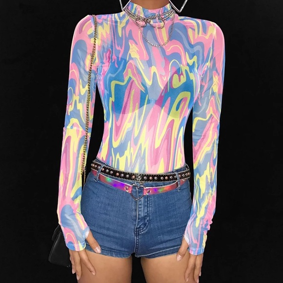Tops | Colorful Trippy Long Sleeve Sheer Bodysuit | Poshmark